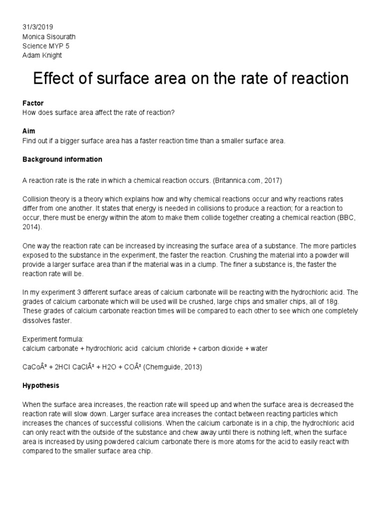 How Does Surface Area Affect The Rate of Reaction? | PDF | Chemical ...