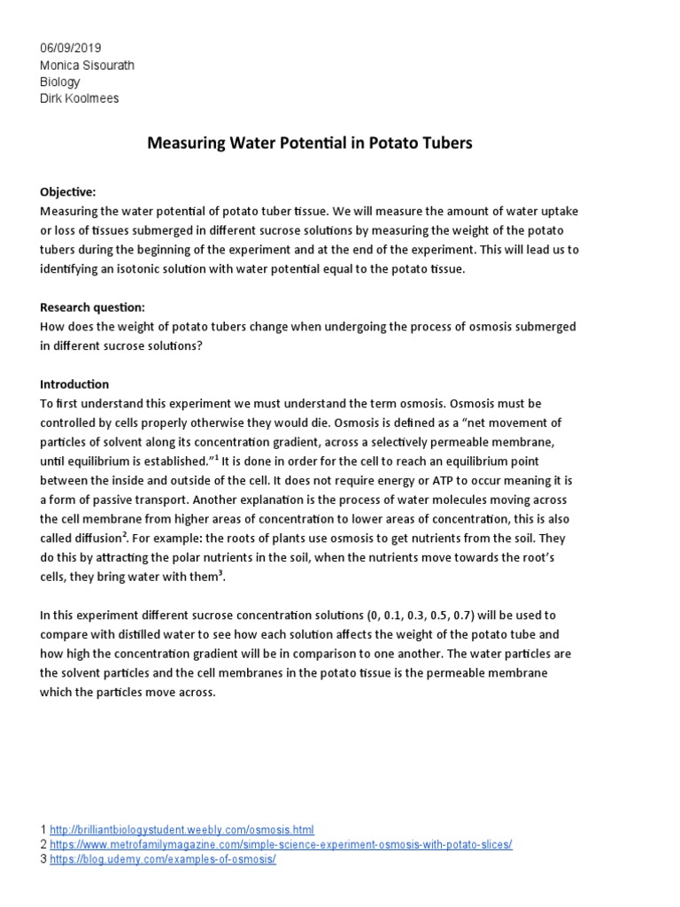 Water Potential in Potato Tubers Experiment | PDF | Osmosis | Cell Biology