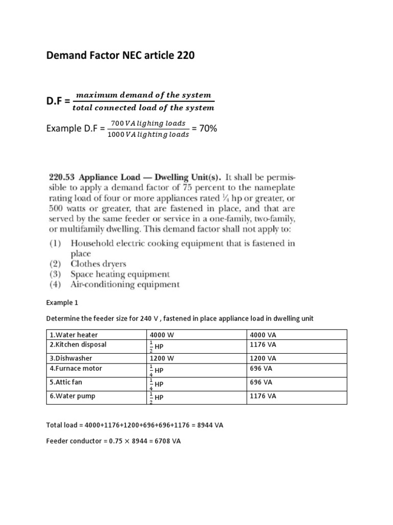 Demand Factor NEC Article 220: Example D.F 70% | PDF