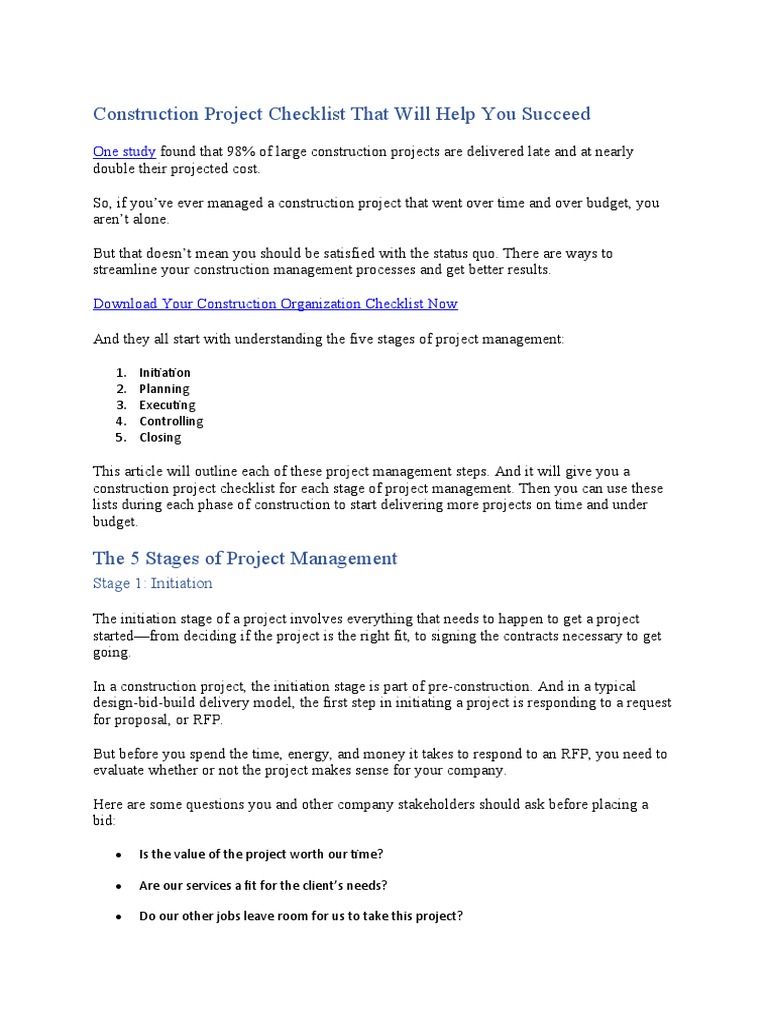 Construction Project Checklist That Will Help You Succeed | PDF ...