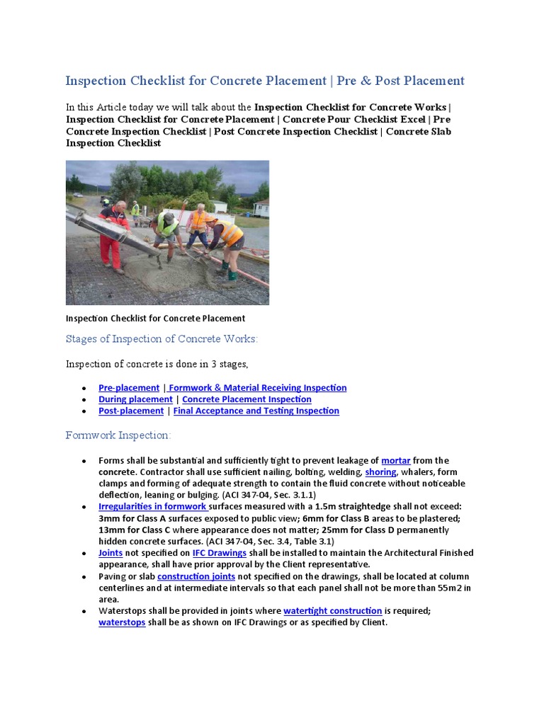 Inspection Checklist For Concrete Placement Pre & Post Placement | PDF ...