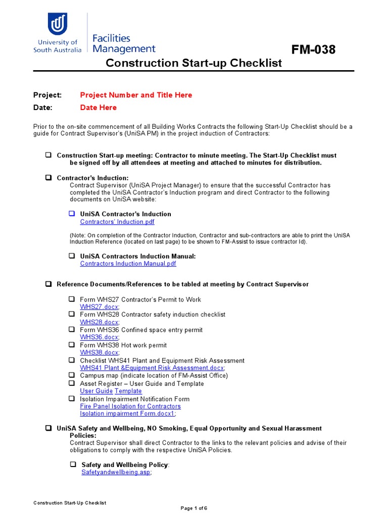 Construction Start-Up Checklist: Project Number and Title Here Date Here | PDF | Fires | Elevator