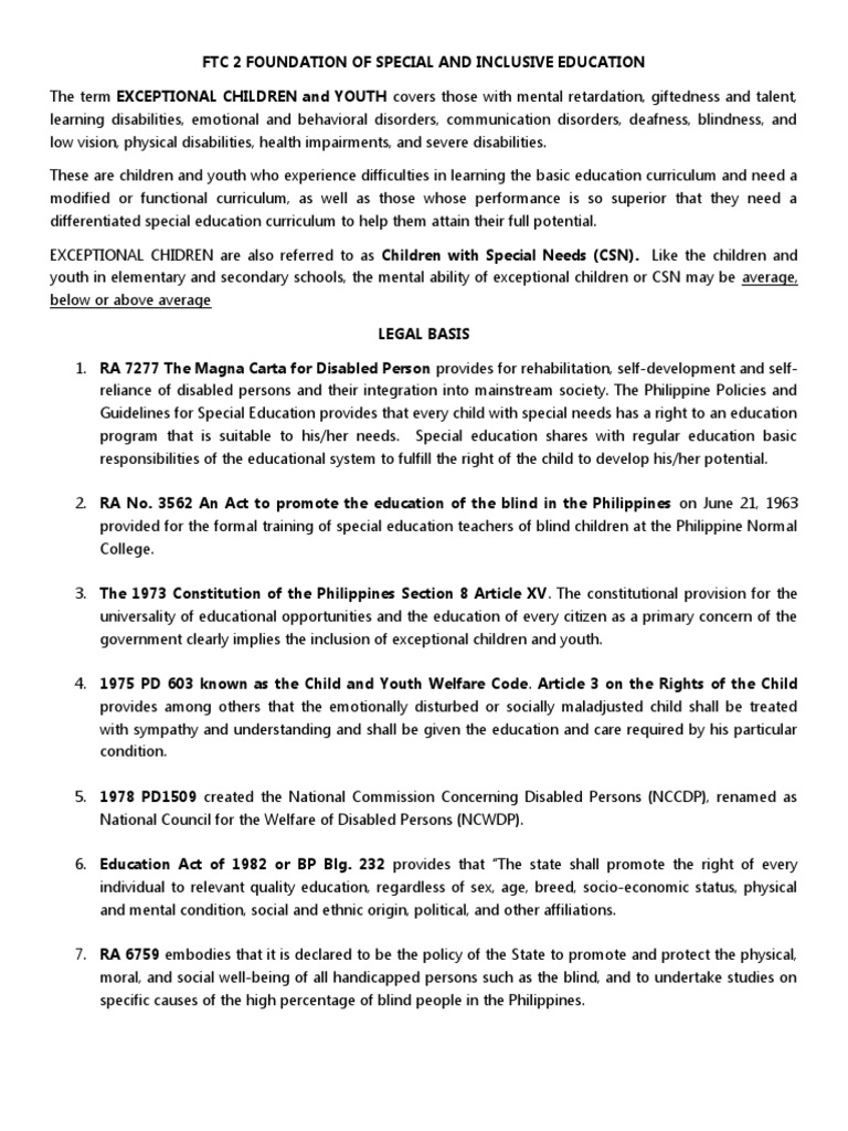 FTC 2 Foundation of Special and Inclusive Education | PDF ...
