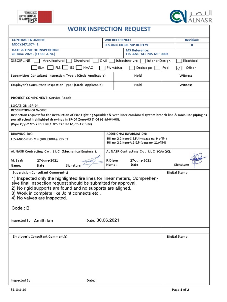 Work Inspection Request: Contract Number: MDC/2471374 - 2 Wir Reference ...