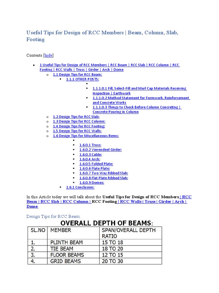 Useful Tips For Design of RCC Members Beam, Column, Slab, Footing | PDF | Truss | Beam (Structure)