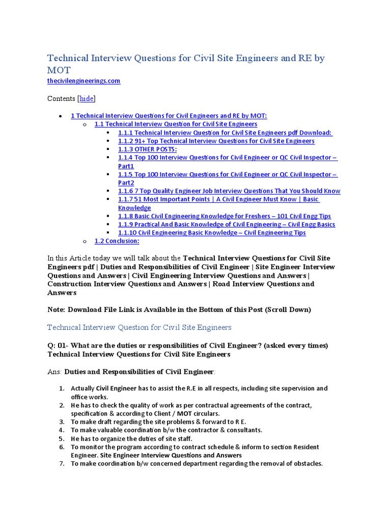 Technical Interview Questions For Civil Site Engineers and RE by MOT ...