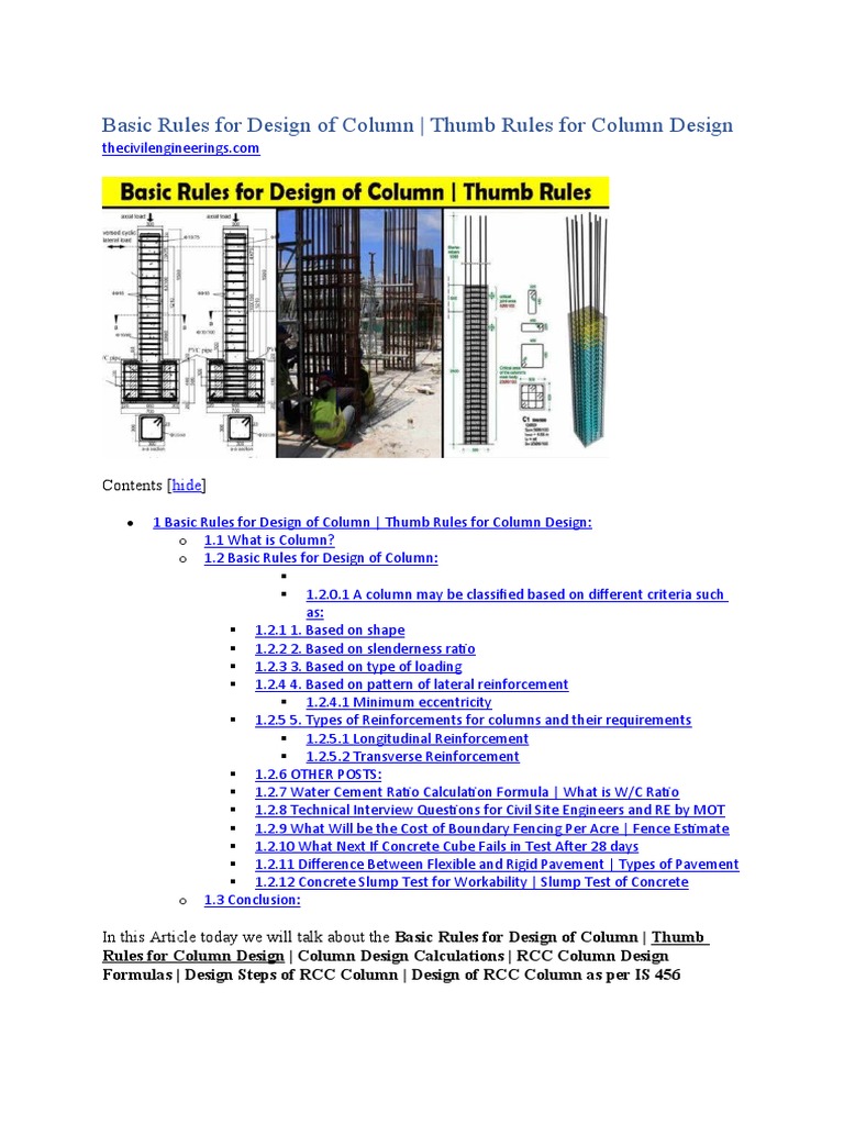 Basic Rules For Design of Column Thumb Rules For Column Design | PDF ...