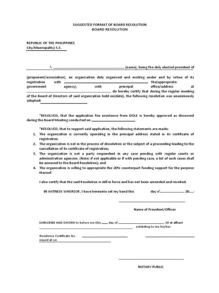 Board Resolution: SUBSCRIBE AND SWORN To Before Me This Day of 20 at ...
