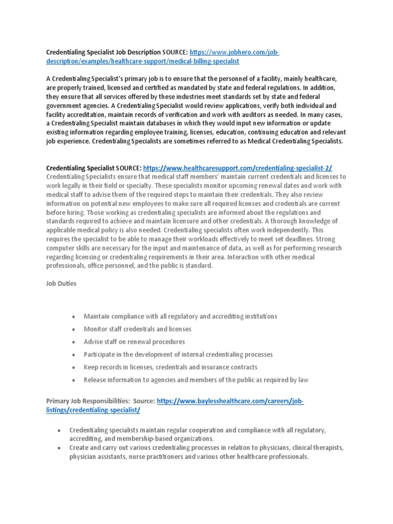 Credentialing Specialist Job Description SOURCE | PDF | Business ...