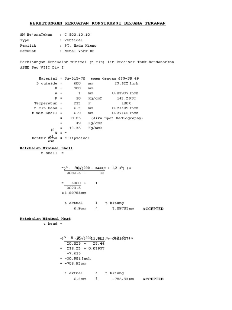 Perhitungan Kekuatan Konstruksi Bejana Tekanan: Ketebalan Minimal Shell ...