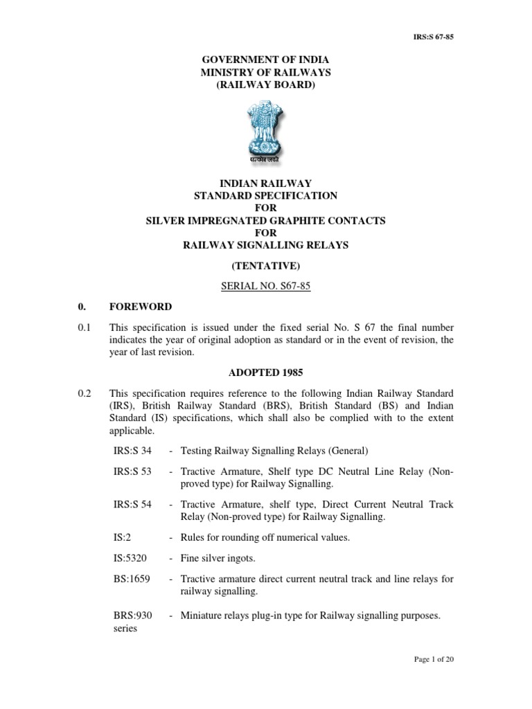 Government of India Ministry of Railways (Railway Board) : IRS:S 67-85 ...
