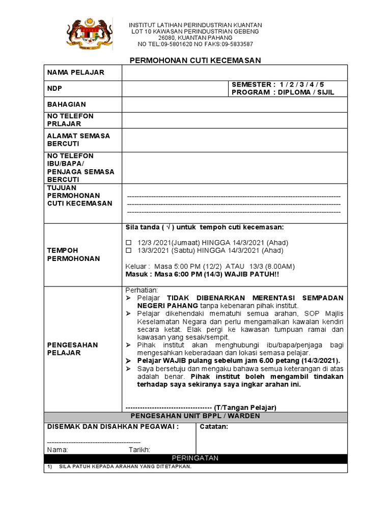 Borang Cuti Kecemasan Edited Covid | PDF