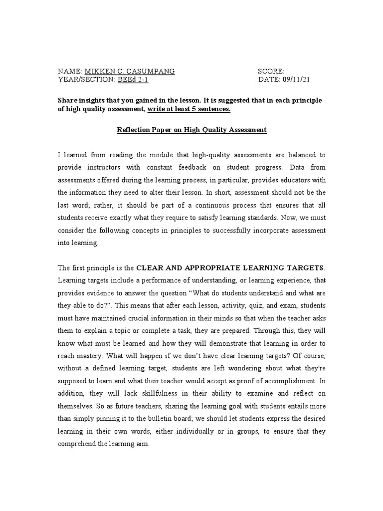 Reflection on High-Quality Assessment | PDF | Educational Assessment ...