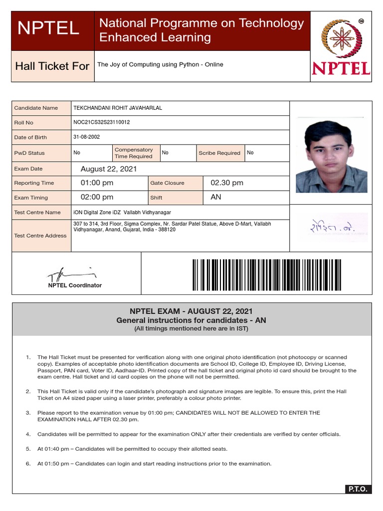 NPTEL EXAM HALL TICKET | PDF | Identity Document | Headphones