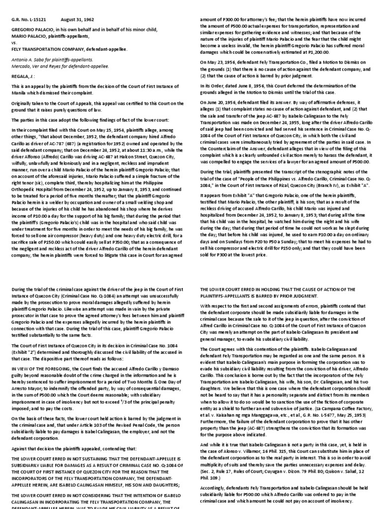 Palacio vs. Fely Transportation Co., 5 SCRA 1011 (1962) | PDF | Damages | Prosecutor