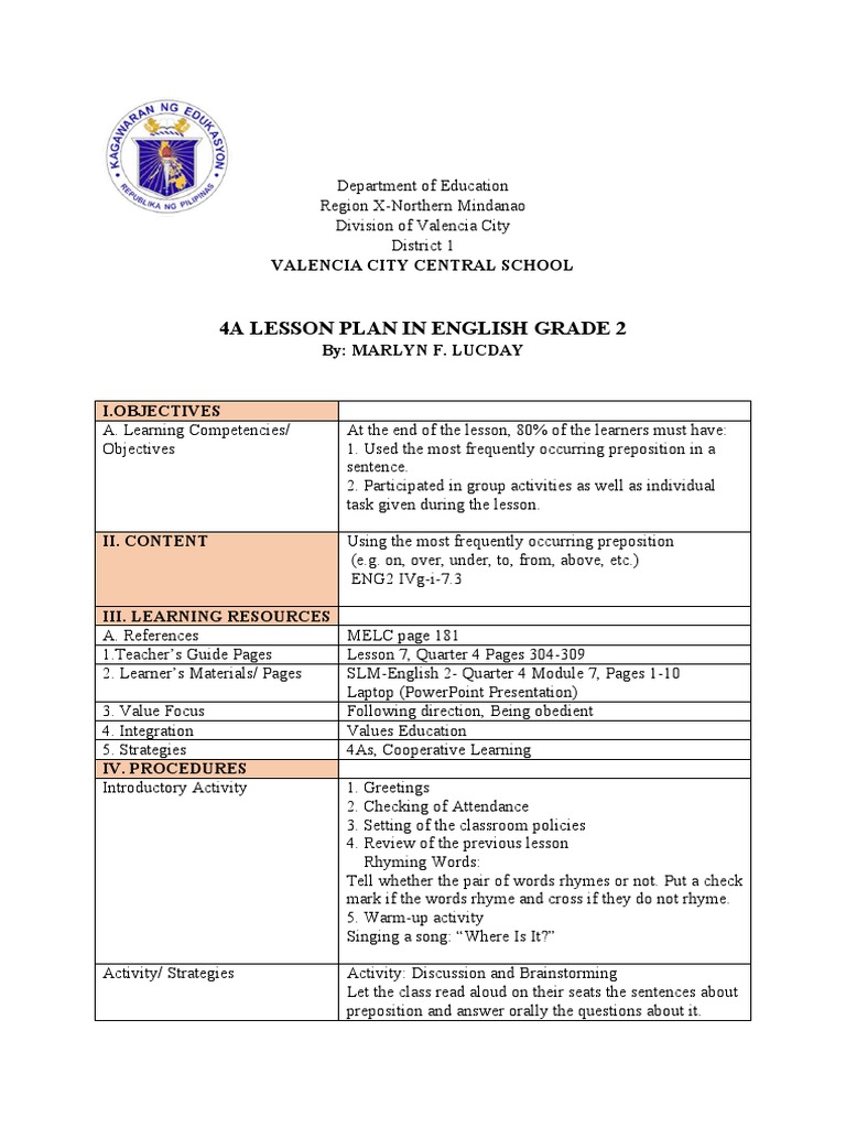 4A Lesson Plan in English Grade 2: Valencia City Central School ...