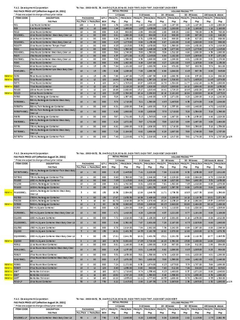 FAS PACK PRICE LIST (Effective August 24, 2021) Item Code | PDF