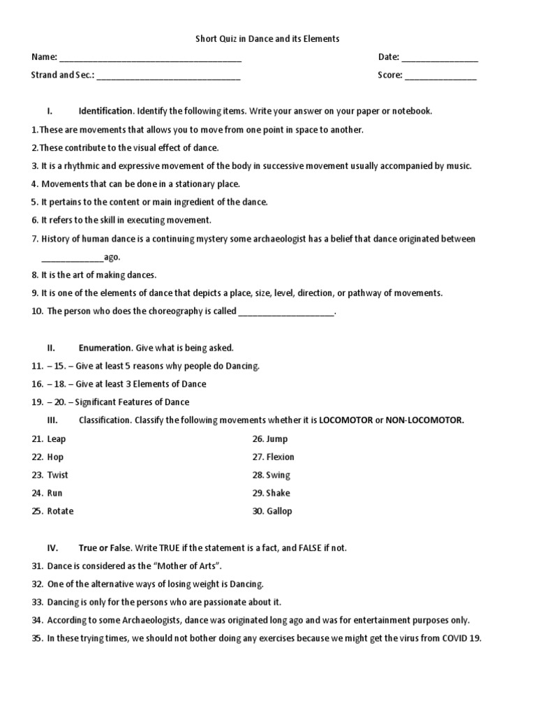 Short Quiz in Dance and Its Elements Grade 12 | PDF