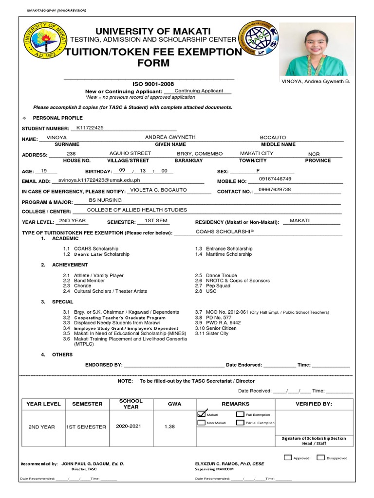 Tuition/Token Fee Exemption Form: University of Makati | PDF