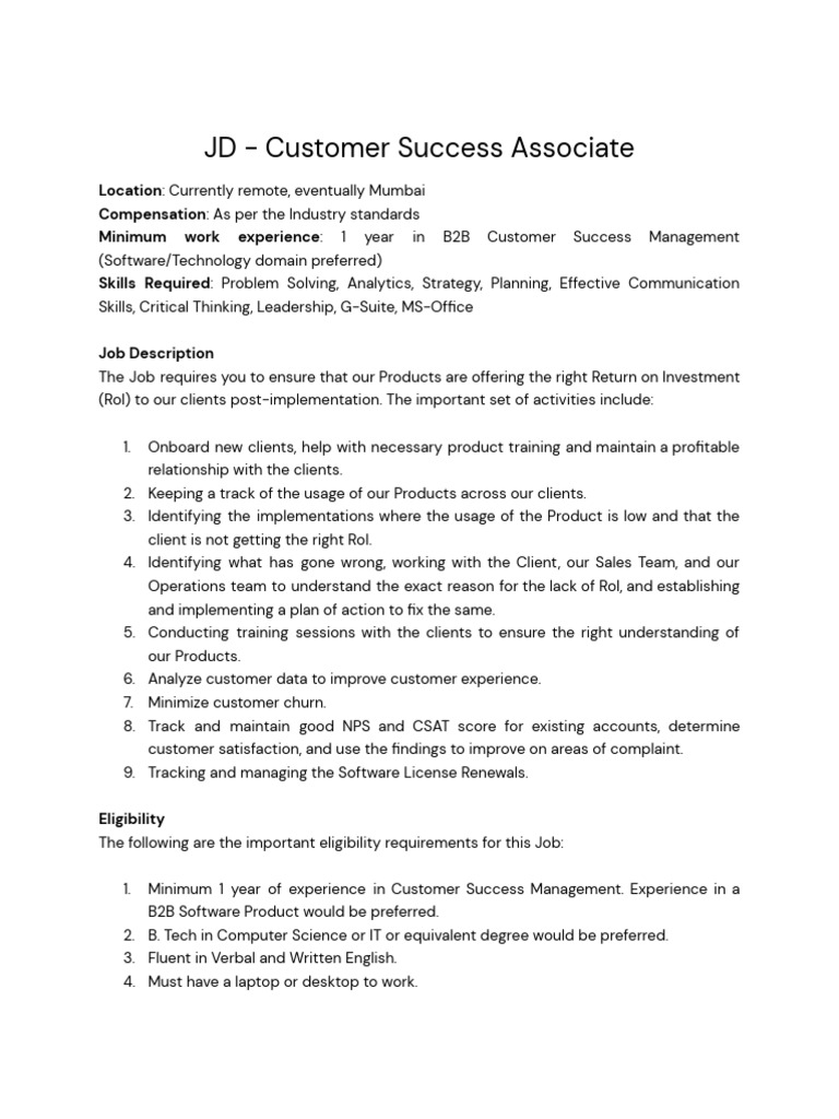 JD - Customer Success Associate | PDF | Customer Satisfaction | Business