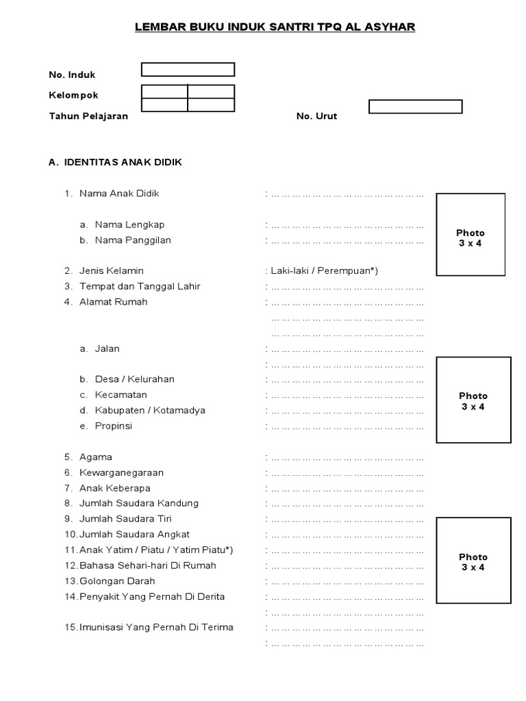Format Buku Induk Siswa TPQ | PDF