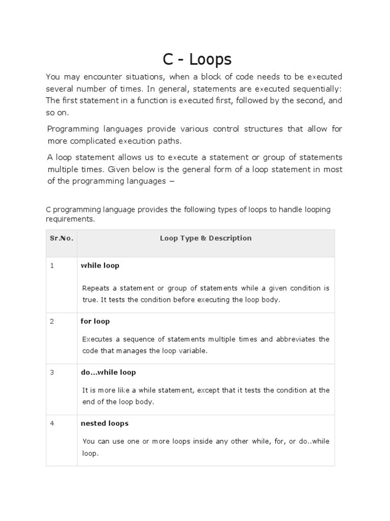 C - Loops: C Programming Language Provides The Following Types of Loops ...