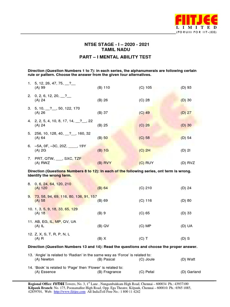 NTSE Tamil Nadu Mental Ability Test | PDF | Numbers | Rational Number