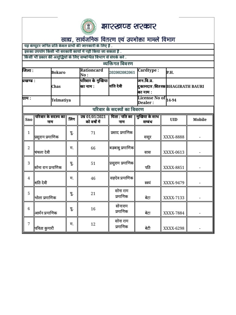 Jharkhand Government E-Ration Card | PDF