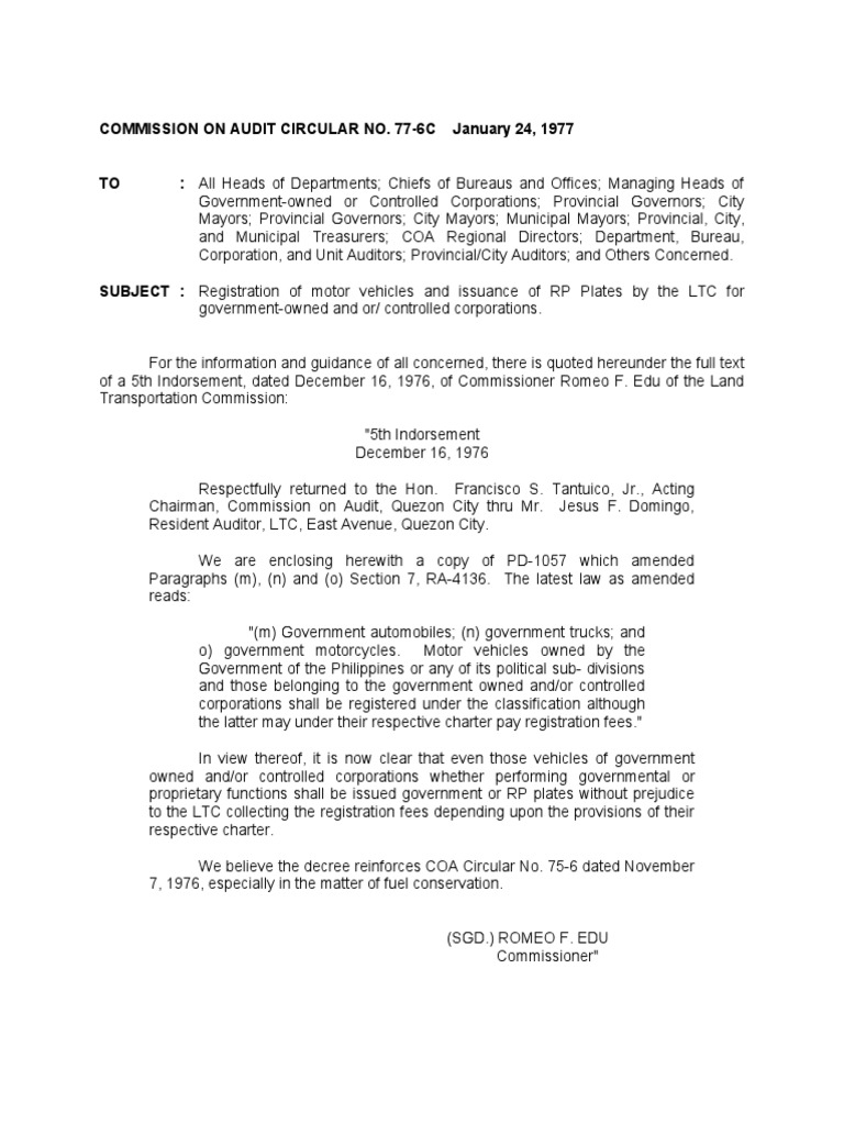 COA c77-6c - Registration of Motor Vehicles and Govt Plates | PDF ...