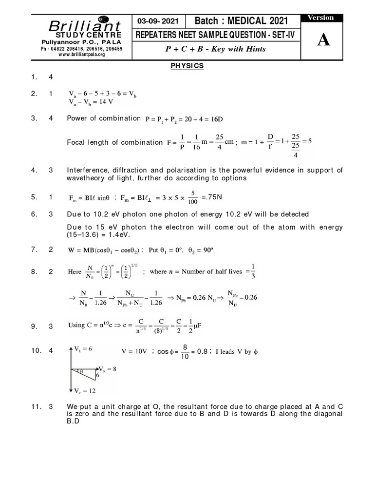 NEET SAMPLE QNS (OFFLINE) P+C+B-SET-IV-03-09-21-Key With Hints | PDF ...