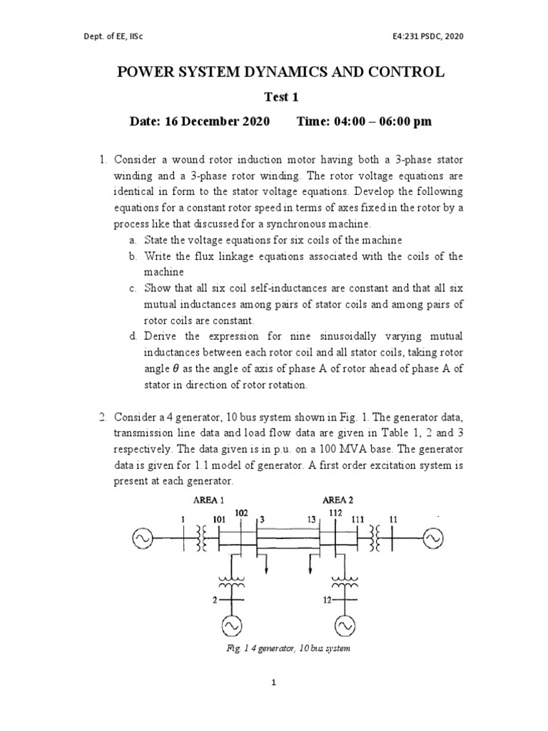 Power System Dynamics and Control: Test 1 Date: 16 December 2020 Time ...