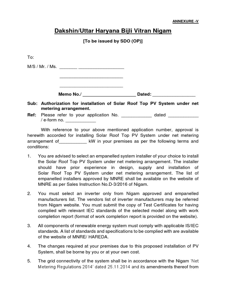 Authorisation For Installation of Rooftop Solar PV System | PDF ...