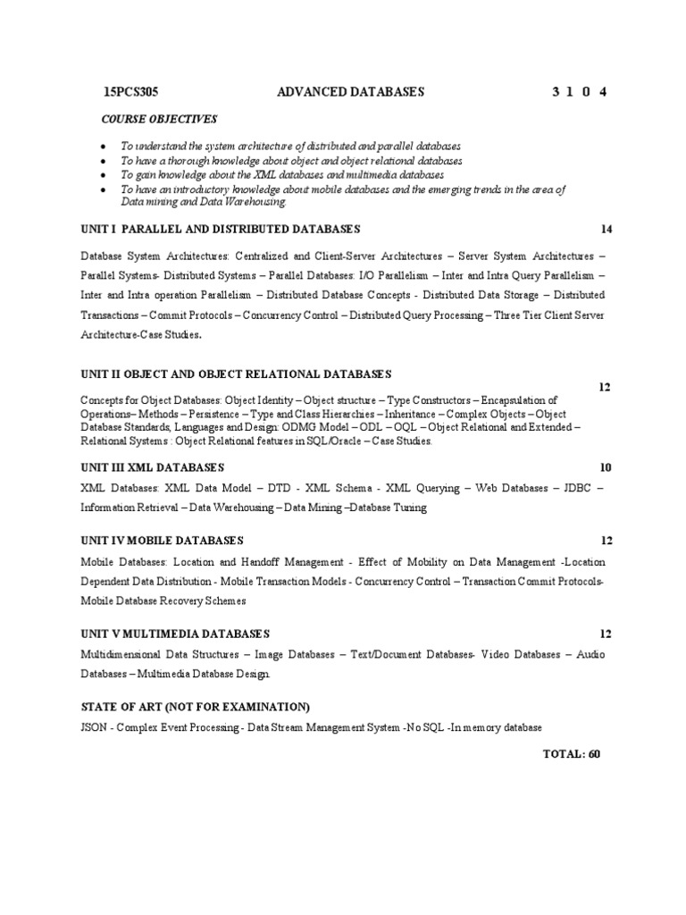 15PCS305 Advanced Databases: Course Objectives | PDF | Databases | Object (Computer Science)