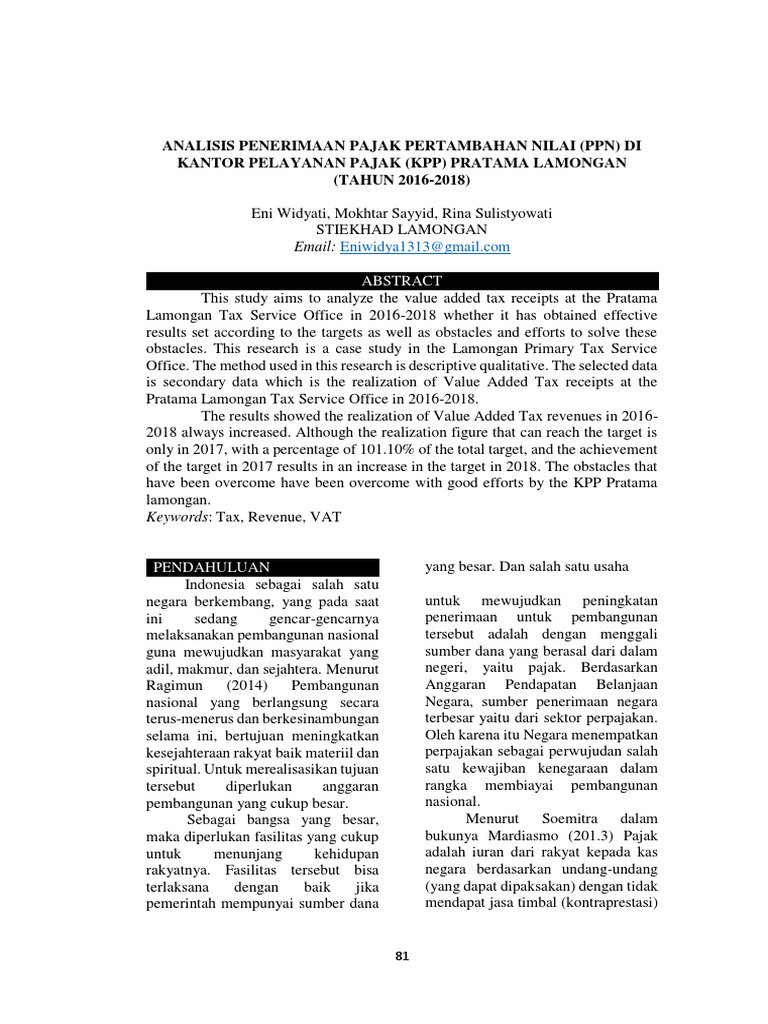 Analisis Penerimaan Pajak Pertambahan Nilai (PPN) Di Kantor Pelayanan Pajak (KPP) Pratama ...