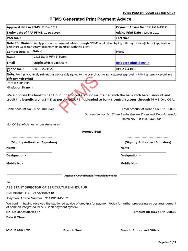 PFMS Generated Print Payment Advice: To, The Branch Head | PDF ...