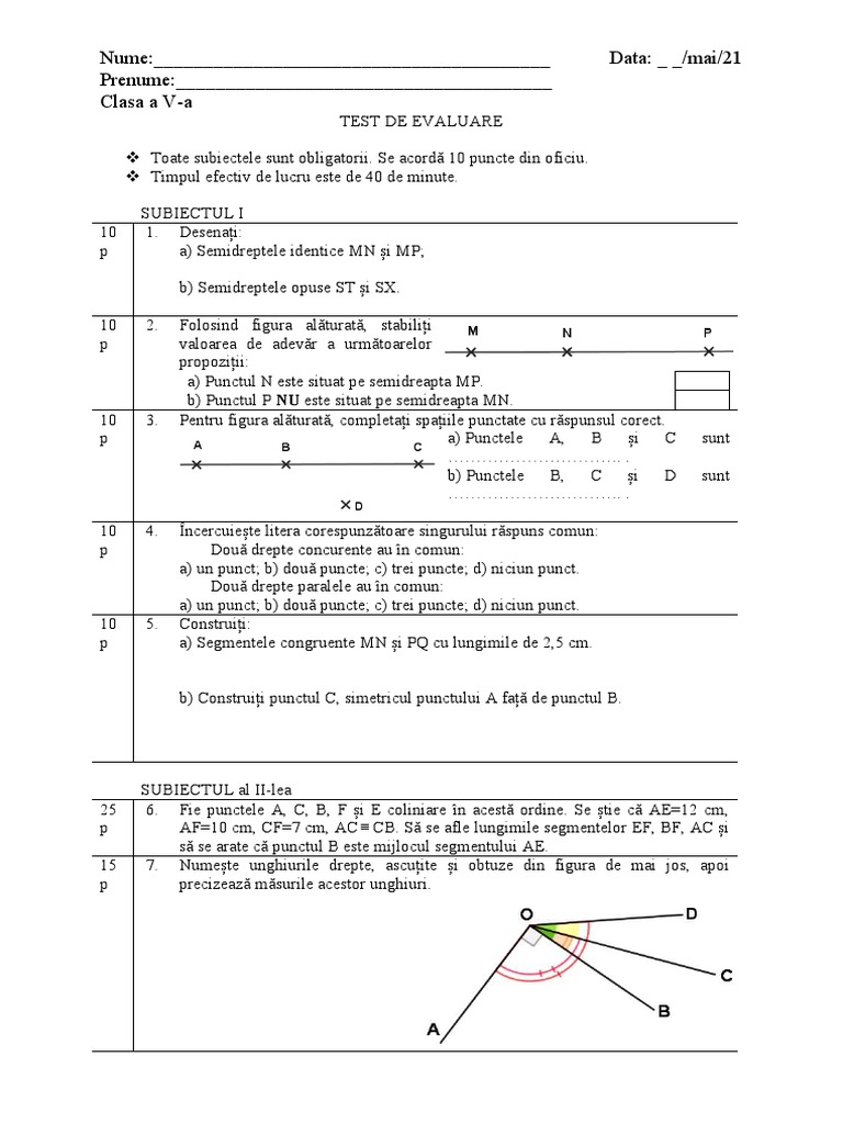 Test - Elemente de Geometrie - Clasa A V-A | PDF
