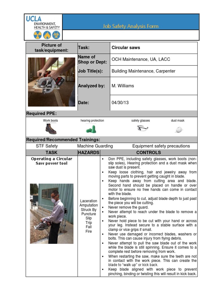 Job Safety Analysis Form: Picture of Task/equipment: Task: Circular ...
