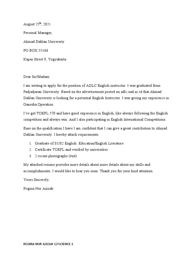 Regina Nur Azizah 12 Science 1 - Application Letter | PDF | Career ...