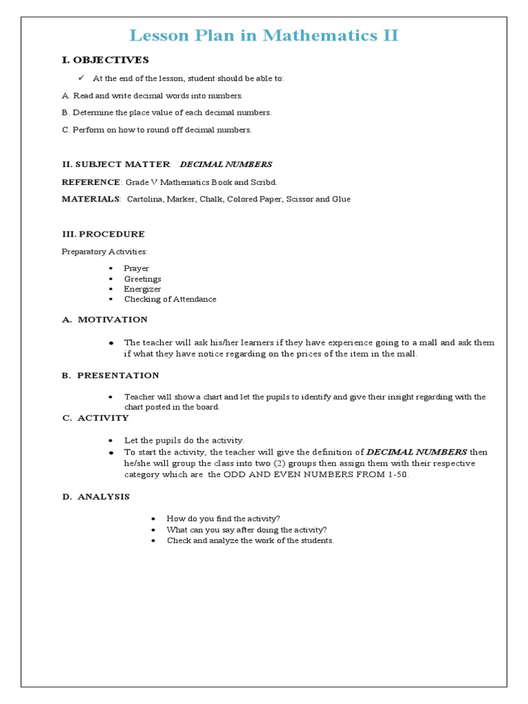 Decimals Lesson Plan for Grade 5 | PDF | Numbers | Decimal