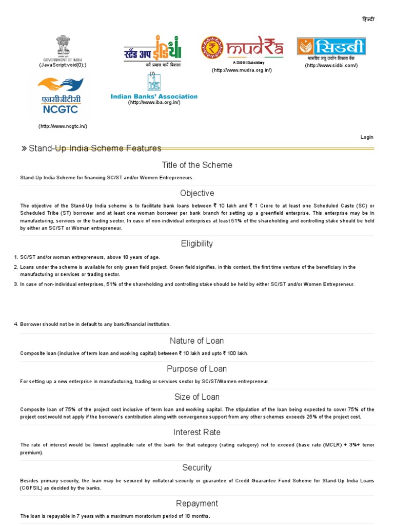 Stand-Up India Scheme Features: Title of The Scheme | PDF | Loans ...