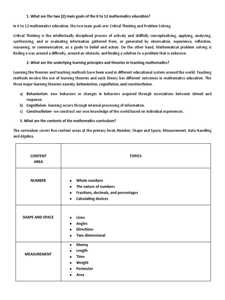 K-12 Mathematics Education Goals and Curriculum | PDF | Learning ...