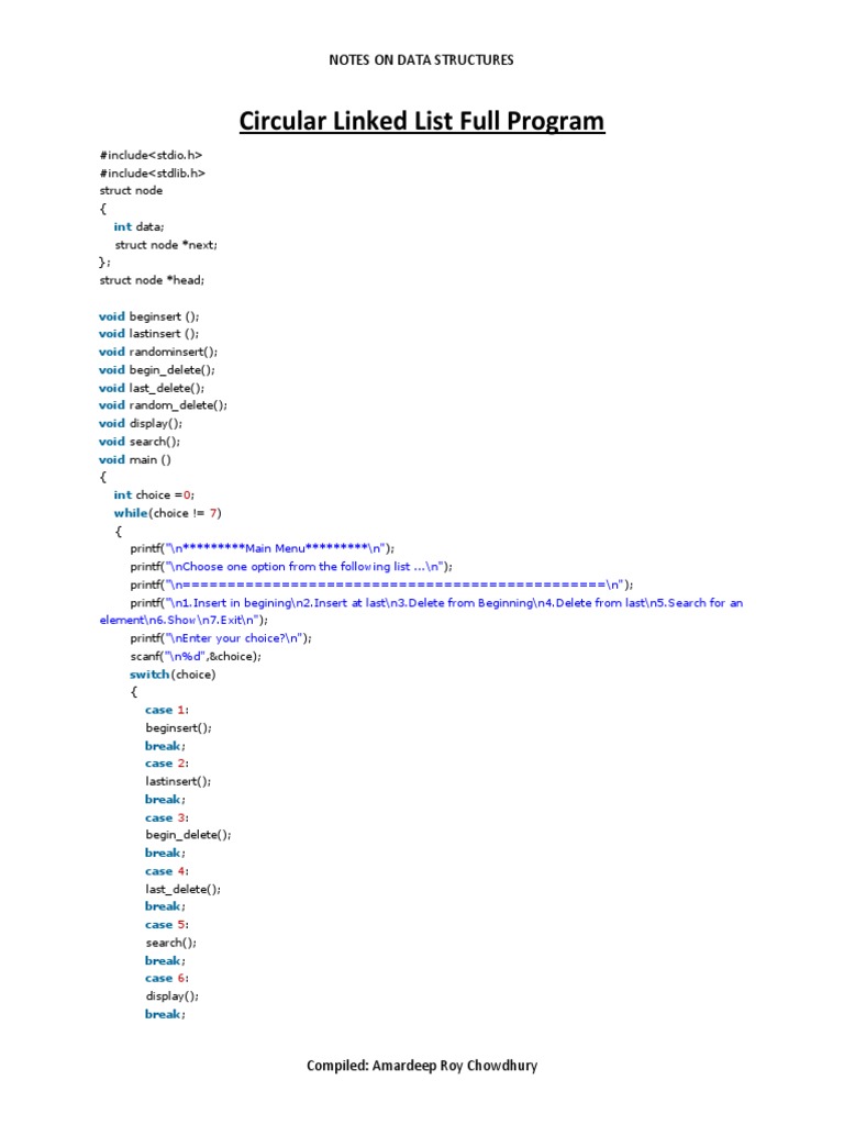 Circular Linked List Full Program | PDF | Information Technology Management | Computer Engineering