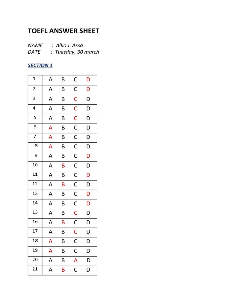 Aiko J. Assa's TOEFL Answer Sheet for the Test on March 30th | PDF