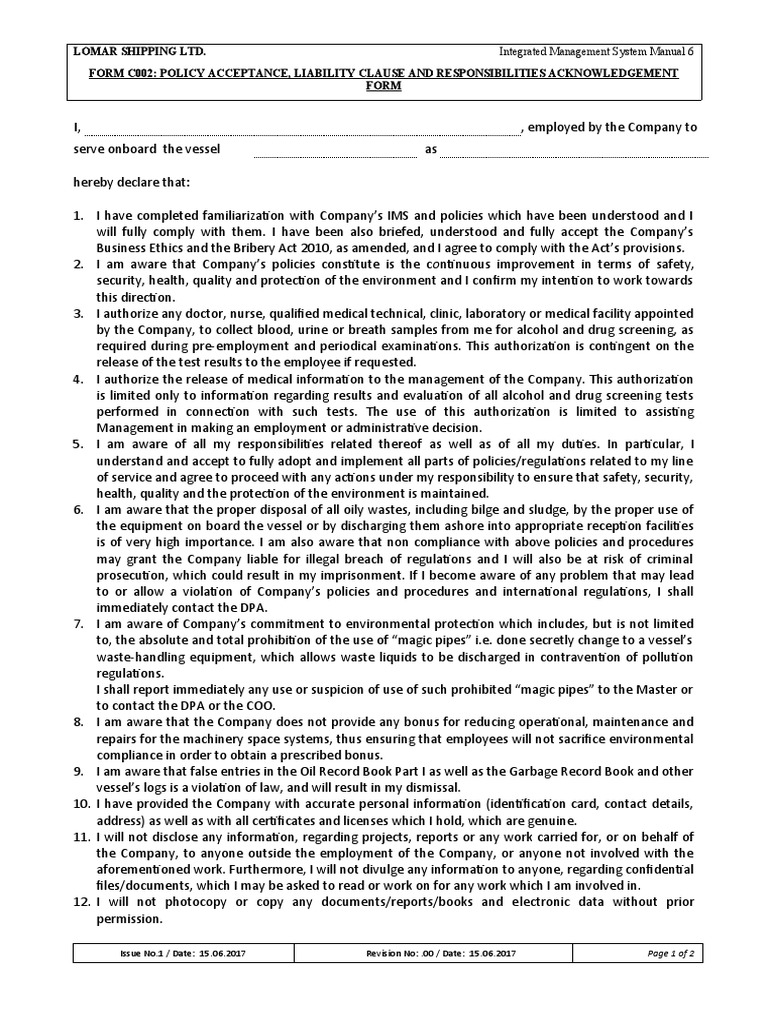 Lomar Shipping Ltd. Form C002: Policy Acceptance, Liability Clause and ...