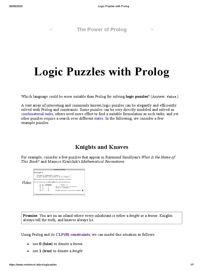 Logic Puzzles With Prolog | PDF | Mathematics | Mathematical Logic Logic Puzzles With Prolog | PDF | Mathematics | Mathematical Logic