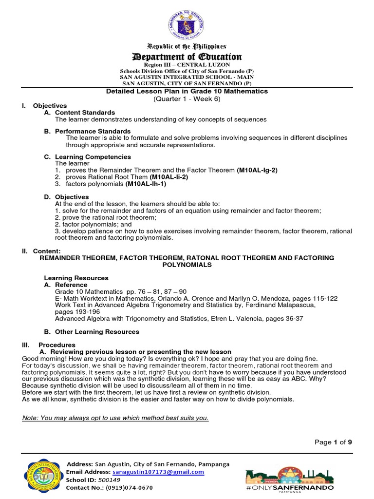 Department of Education: Detailed Lesson Plan in Grade 10 Mathematics ...