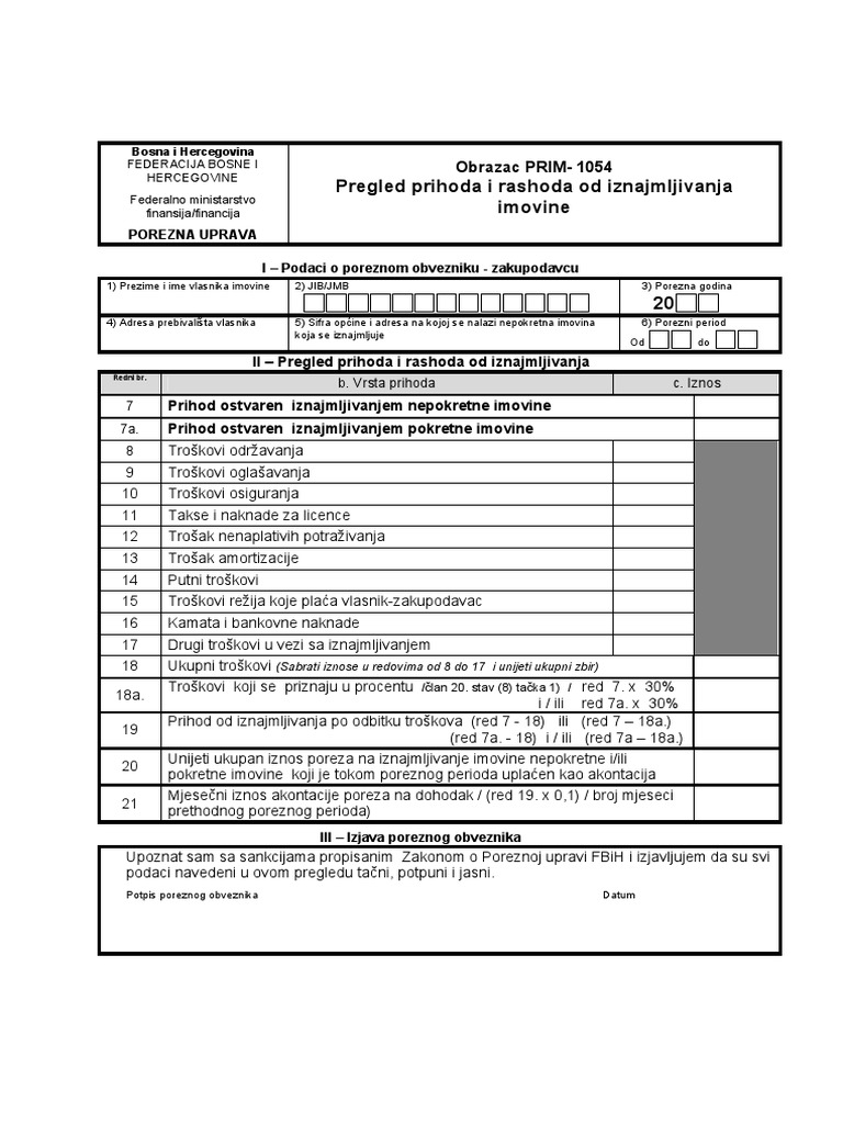 Obrazac Prim 1054 Pregled Prihoda I Rashoda Od Iznajmljivanja Imovine | PDF