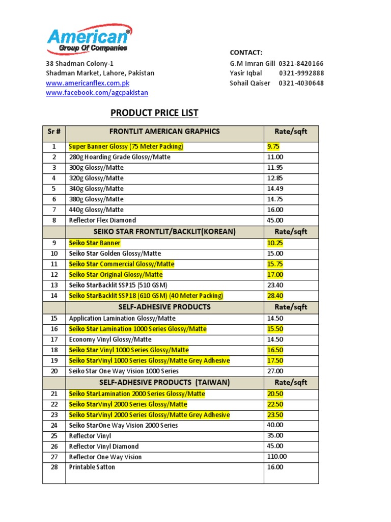 American Group Price List 01-09-2021 | PDF | Printing | Graphic Design