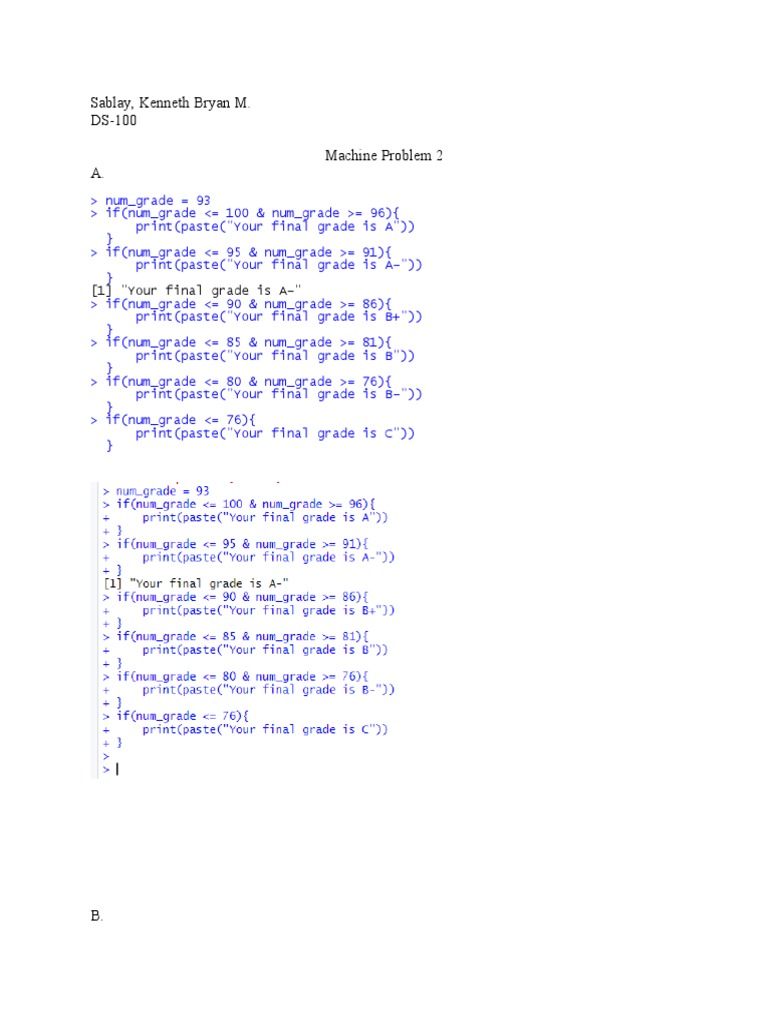 Sablay, Kenneth Bryan M. DS-100 Machine Problem 2 A.: (1) "Your Final Grade Is A-" | PDF