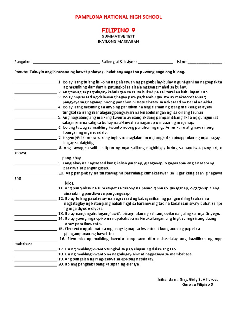 Summative Test Sa Filipino 3rd Quarter | PDF
